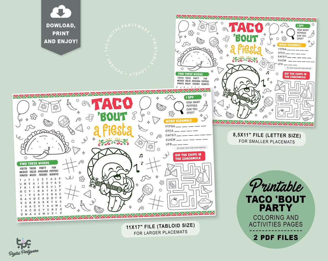 Taco Bout Party Coloring Page | Printable Mexican Fiesta Placemat ...