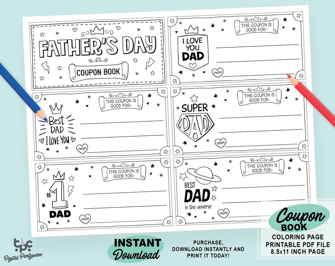 Father’s Day Coupon Book | Printable Kids Dad Gift Coloring Page | Fill ...