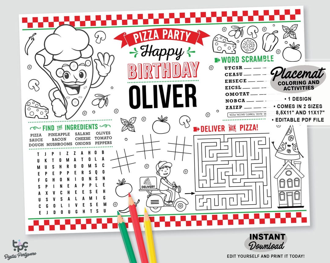 Editable Pizza Party Placemat | Printable Italian Party Coloring Page ...