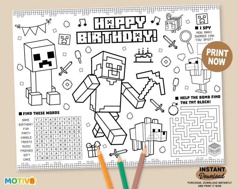 Minecraft Birthday Coloring Page | Printable Video Game Birthday ...