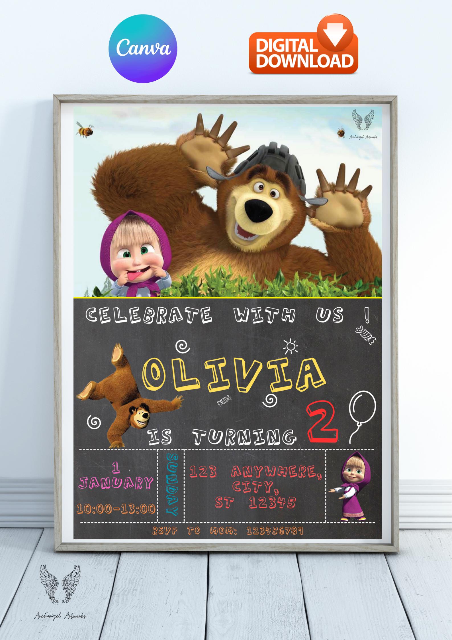 Masha and the Bear Birthday Invitation: Editable Kids Party (digital ...
