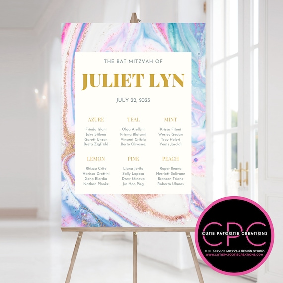Watercolor Bat Mitzvah Table Seating Chart - Pastel Colors ...