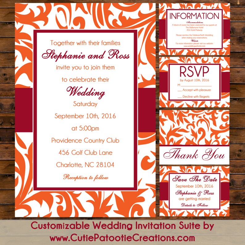 Rustic Fall Wedding Invitation Red Orange White Elegant | Etsy