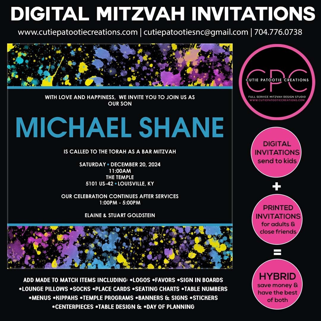 Hot Pink and Teal Neon Glow Digital Bat Mitzvah Invitation | Add Small ...
