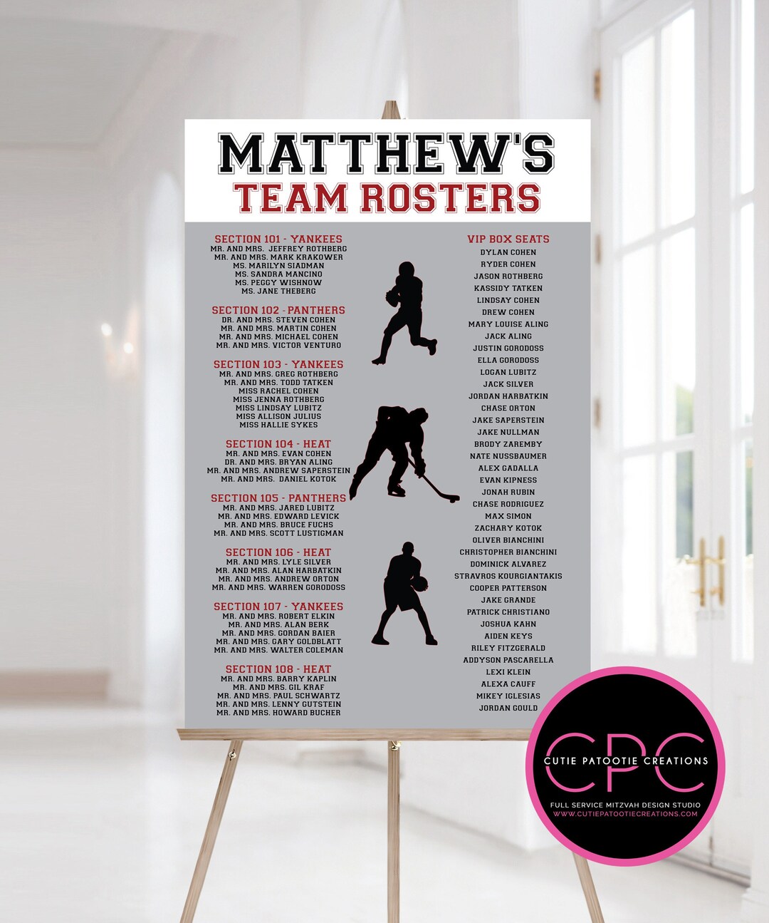 Team Roster Seating Chart for Sports Teams - Football - Baseball ...