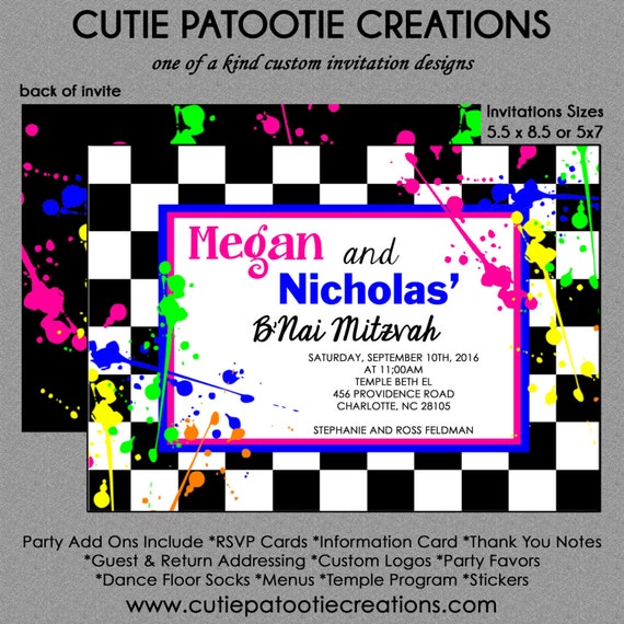 B'Nai Mitzvah Invitations - Neon Paint Splatter Bar or Bat Mitzvah ...