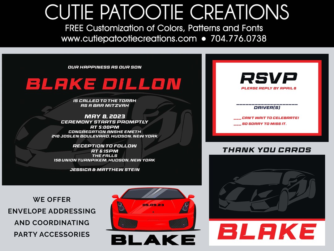 Luxury Car Theme Bar Mitzvah Invitation, Race Car Racing Wedding ...