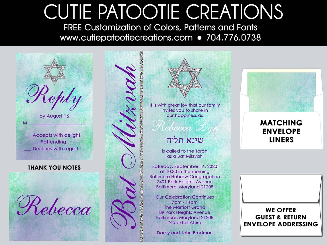 Watercolor Bat Mitzvah Invitations Custom Bat Mitzvah | Etsy