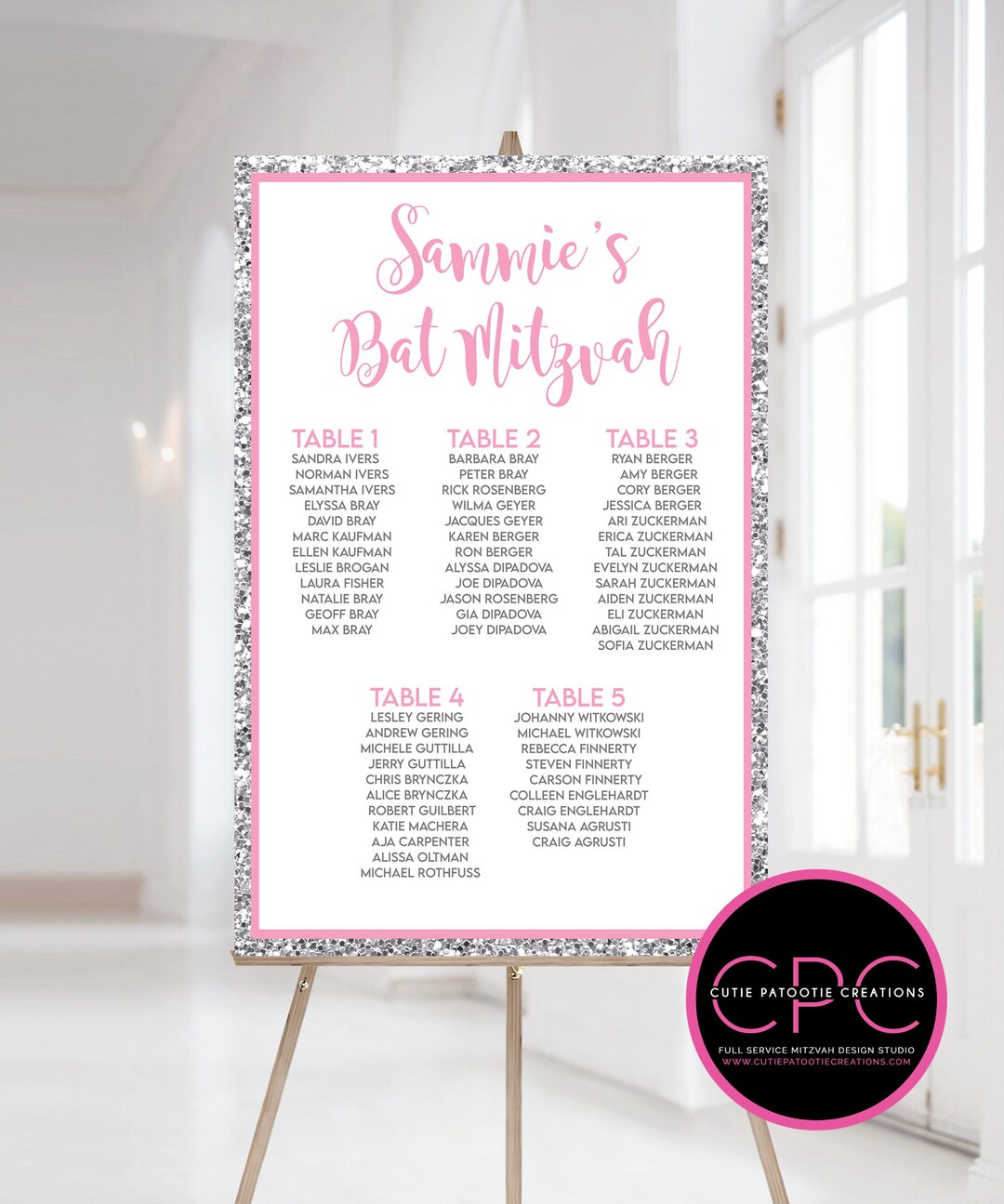 Pink and Silver Faux Glitter Bat Mitzvah Table Seating Chart - Colors ...