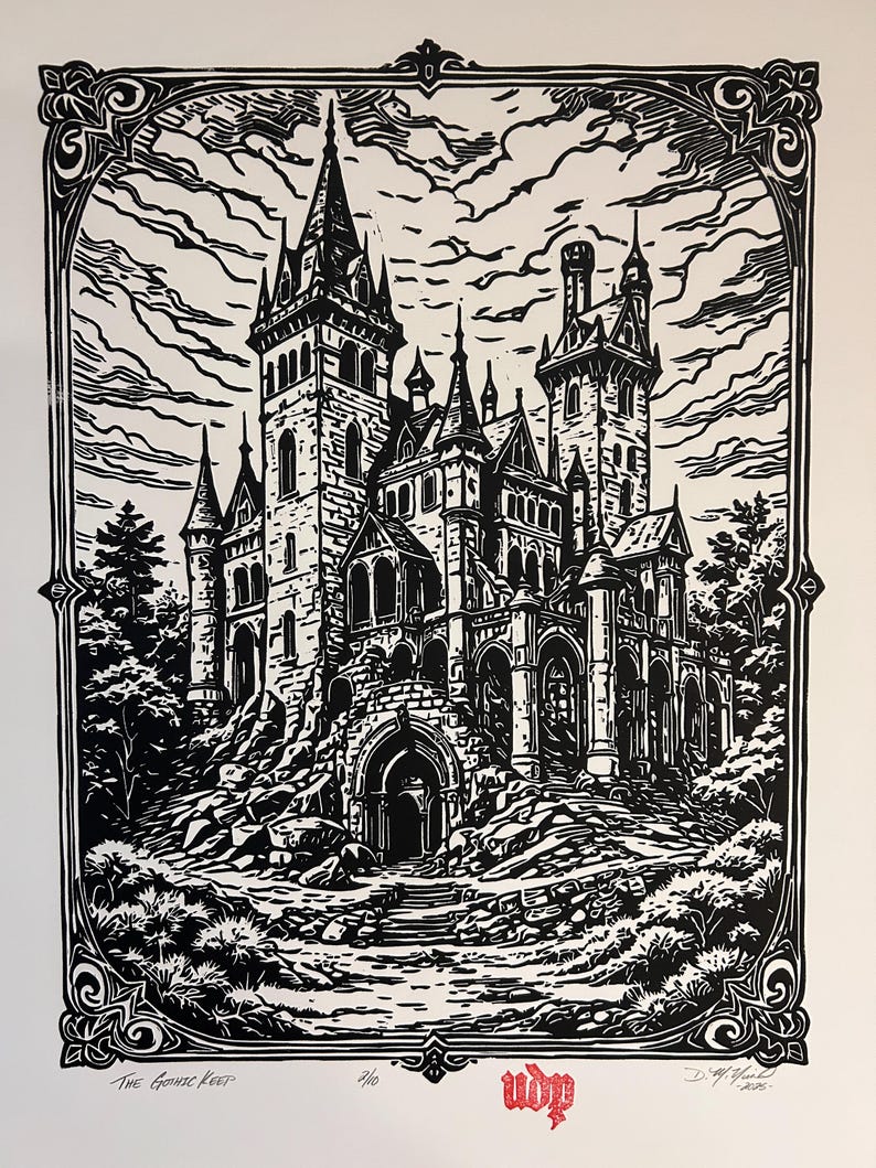 The Gothic Keep | Linocut Print | Castle Art | Architectural Decor ...