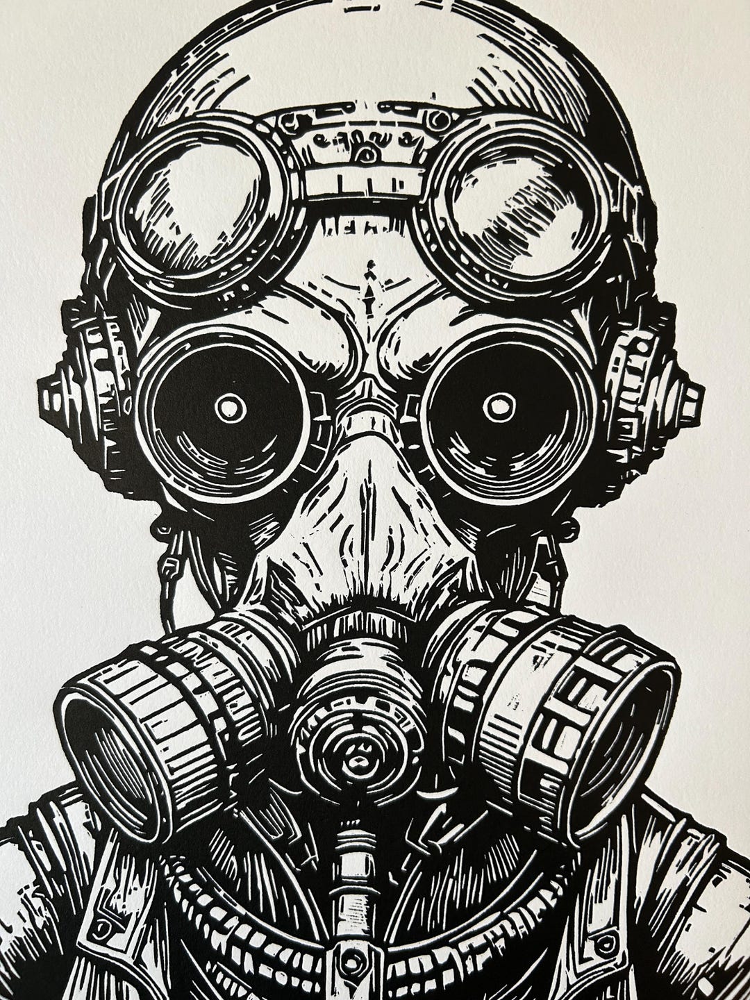 Throttle Saint | Steampunk Gas Mask Linocut Print | Hand-pulled Limited ...