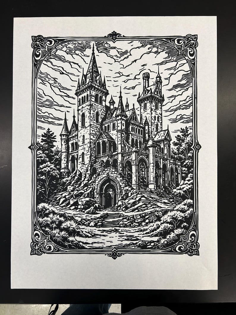 The Gothic Keep | Linocut Print | Castle Art | Architectural Decor ...