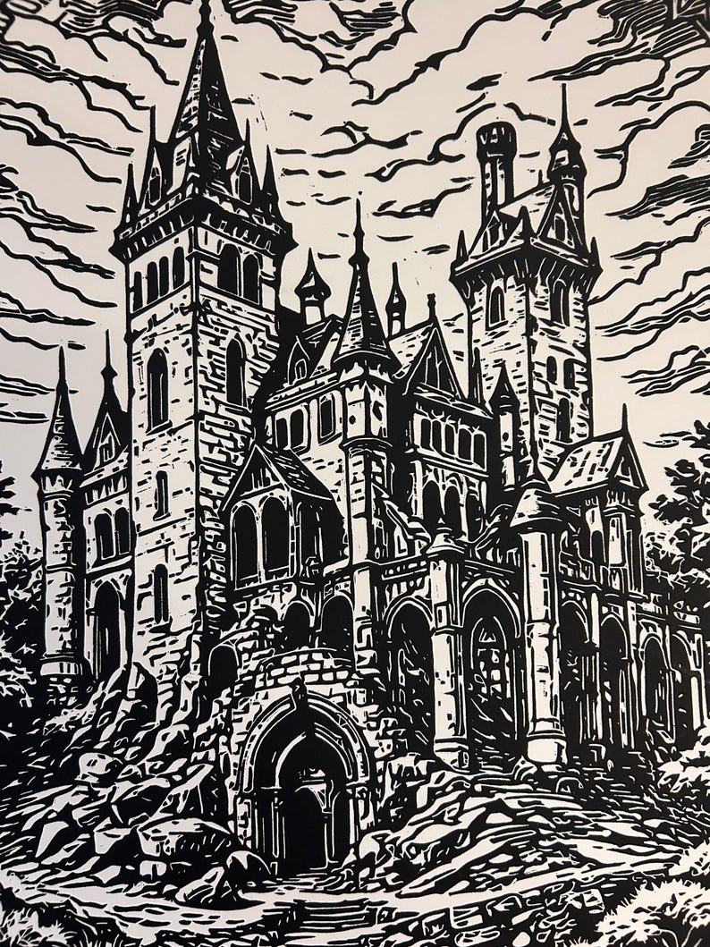 The Gothic Keep | Linocut Print | Castle Art | Architectural Decor ...