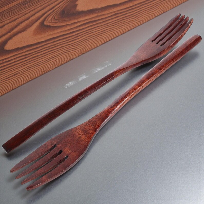 Set of 2 Long Handle Wooden Forks | Medium Size Natural Wood Dinnerware ...