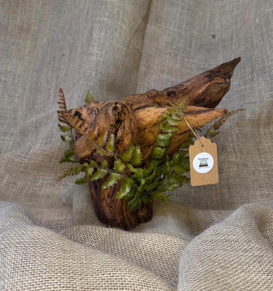 Verdant Fang - Root Sculpture With Artificial Plants - Rustic Wood ...