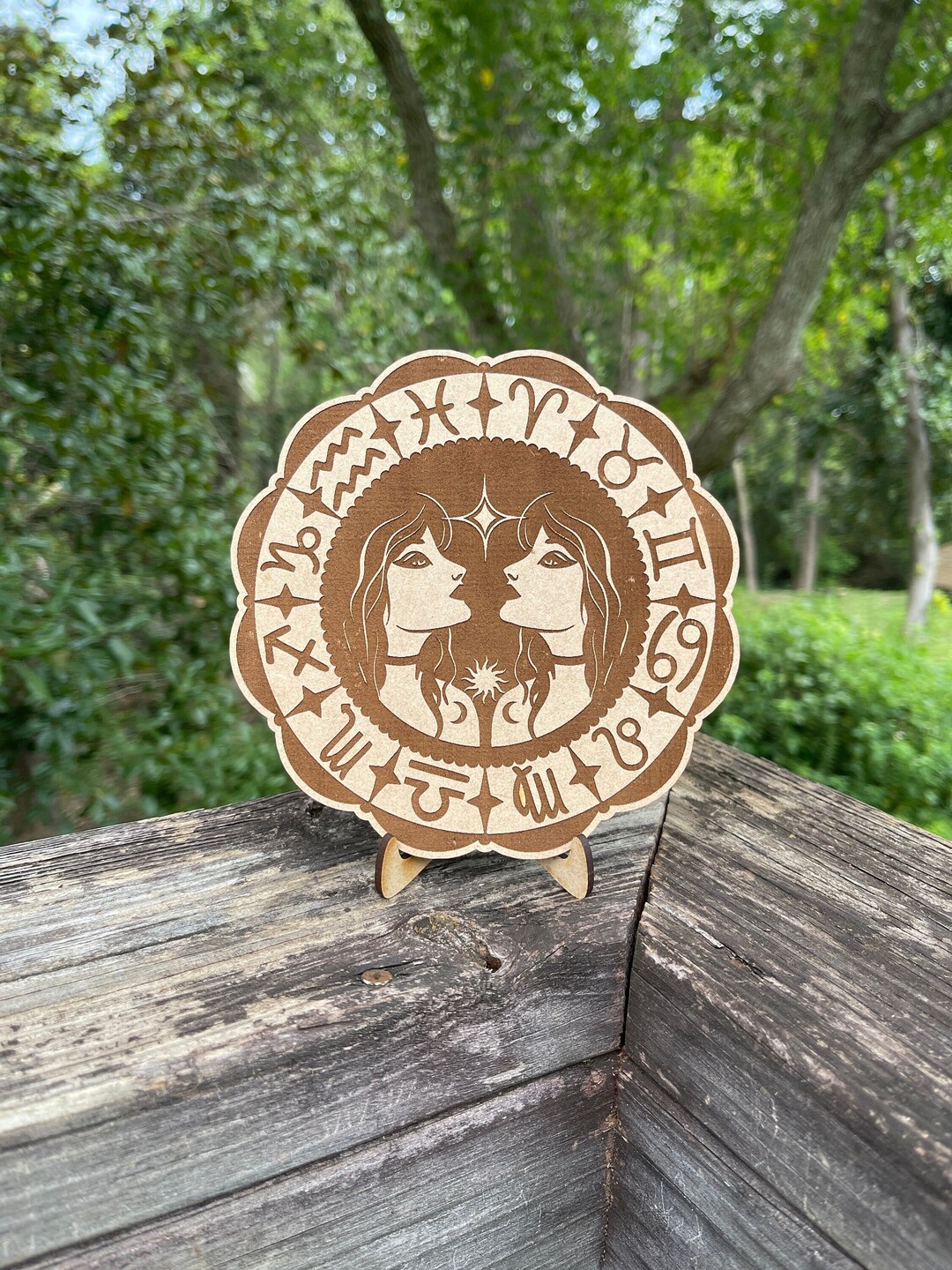 Gemini Zodiac Sign Fire Sign Wood Burned Art AIR ELEMENT Wood Carving ...