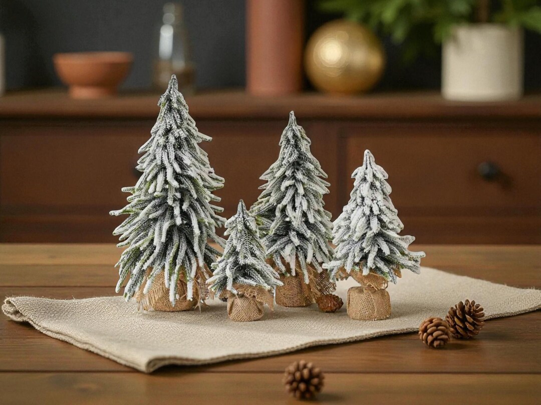 Mini Flocked Snowfall Christmas Tree Table Decor, Winter PE Pine Tree ...