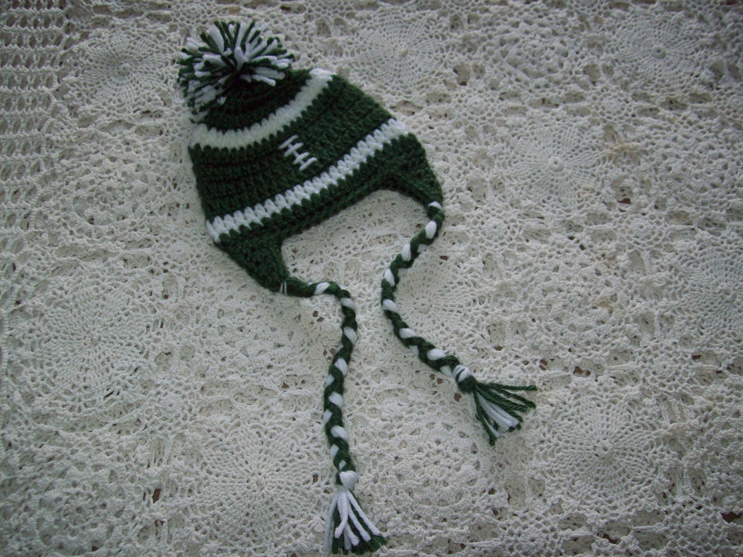 Crochet New York NY JETS FOOTBALL Earflap Braided Ties Pompom Hat ...