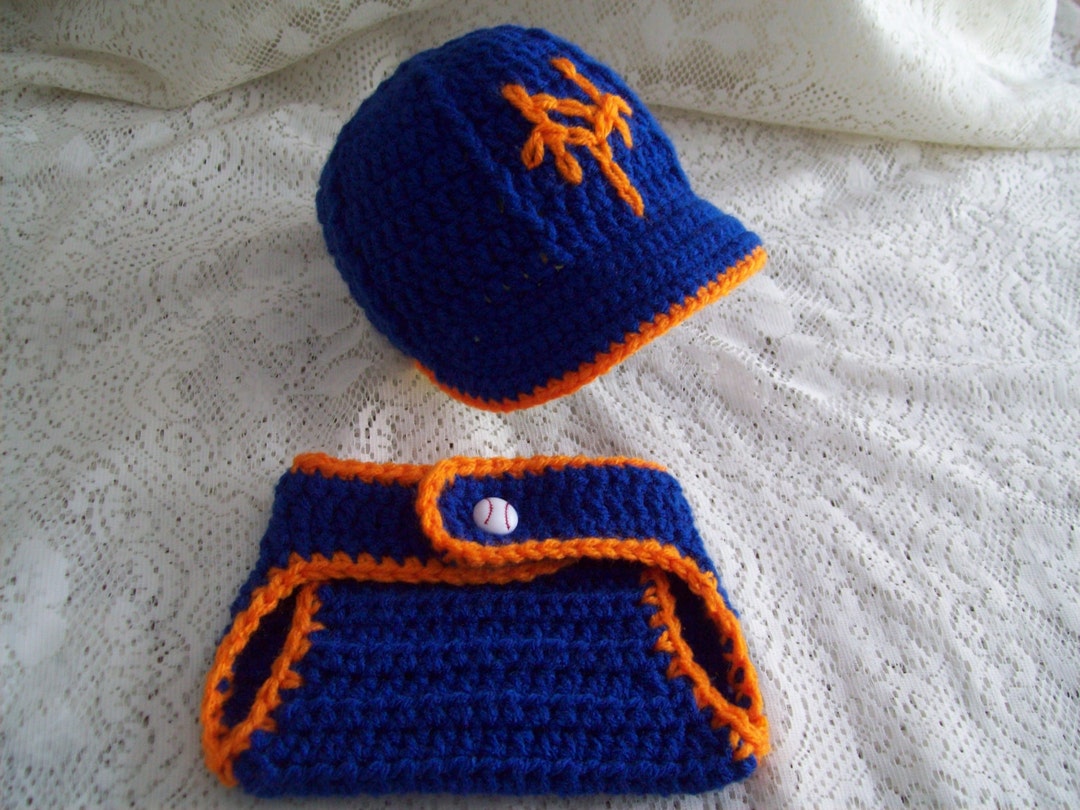Blue & Orange NY METS Baseball Hat W Brim and Diaper Cover Set Newborn ...