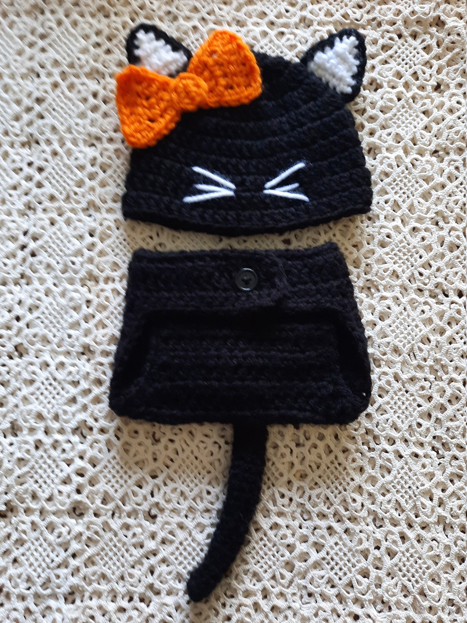 Hand Crochet Black and Orange Cat HAT and DIAPER COVER Set | Etsy
