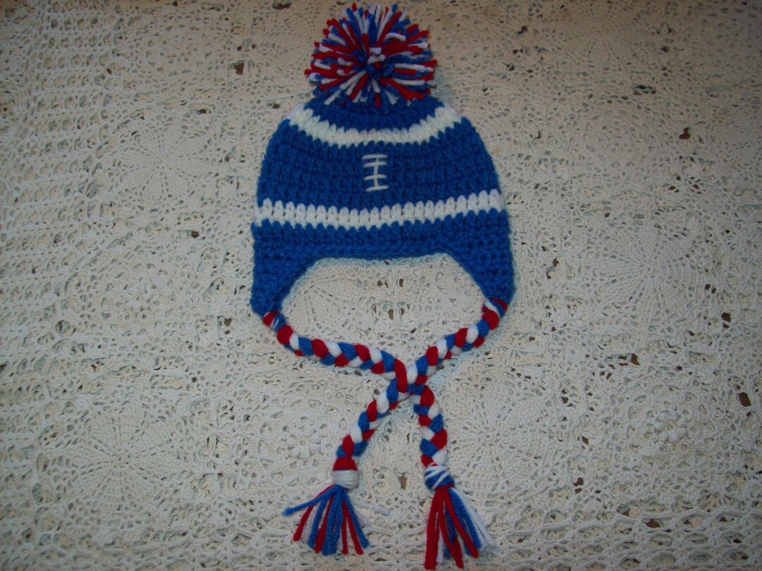 Crochet New York NY GIANTS FOOTBALL Earflap Braided Ties Pompom Hat ...