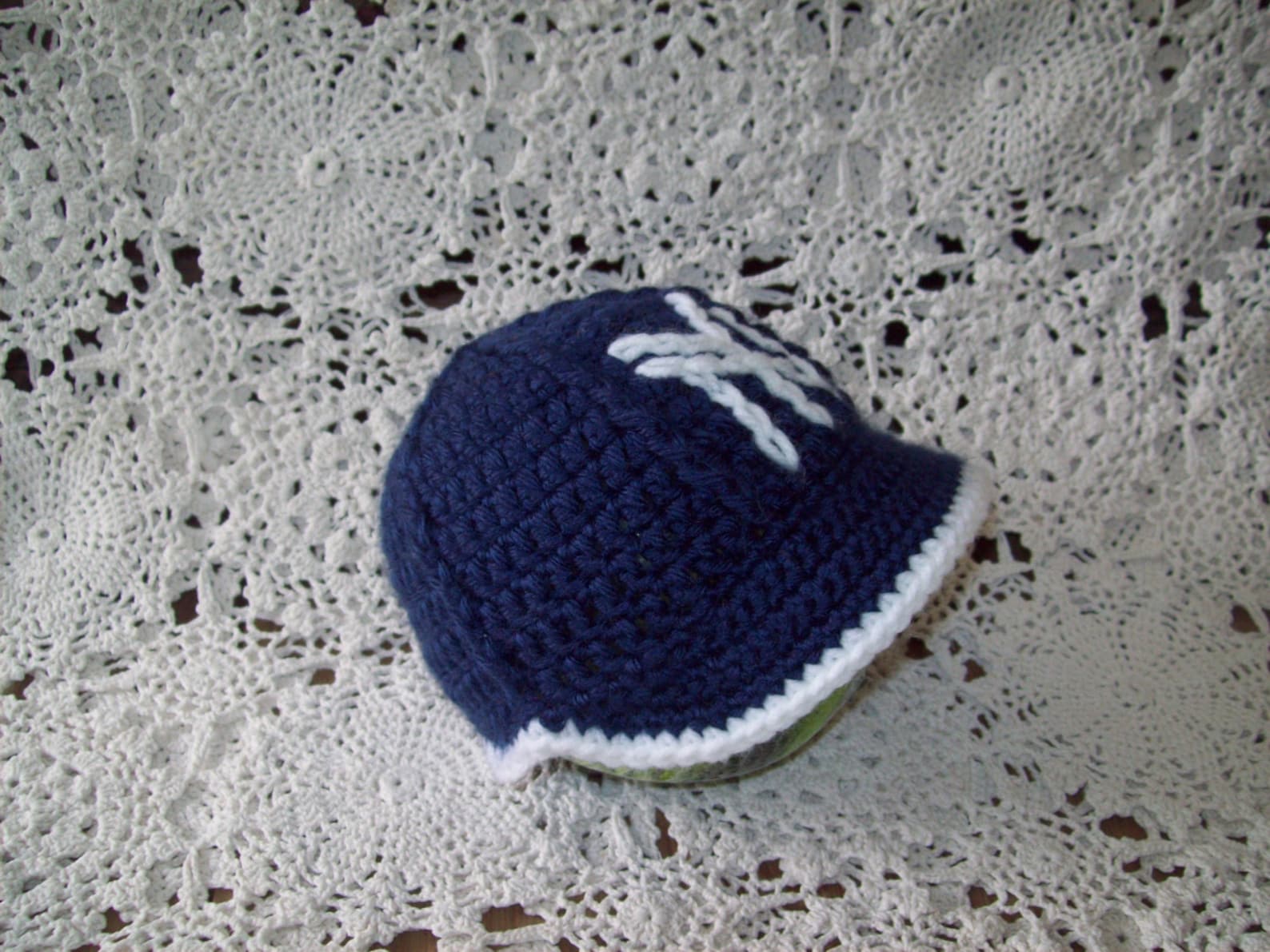 NY YANKEES Baseball Crochet Hat W/ Brim for Infant Baby Boy or Girl A ...