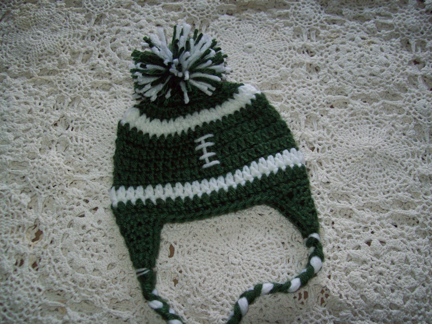 Crochet New York NY JETS FOOTBALL Earflap Braided Ties Pompom | Etsy