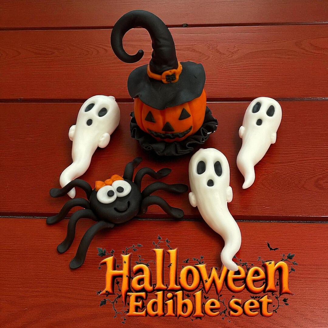 Halloween Edible Set Cake Topper Sugar Pumpkin Cute Spider Spooky Ghost ...