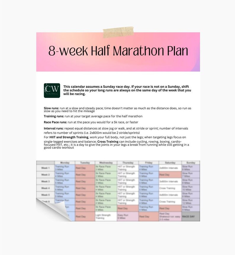 8-week Half Marathon Training Plan - Etsy