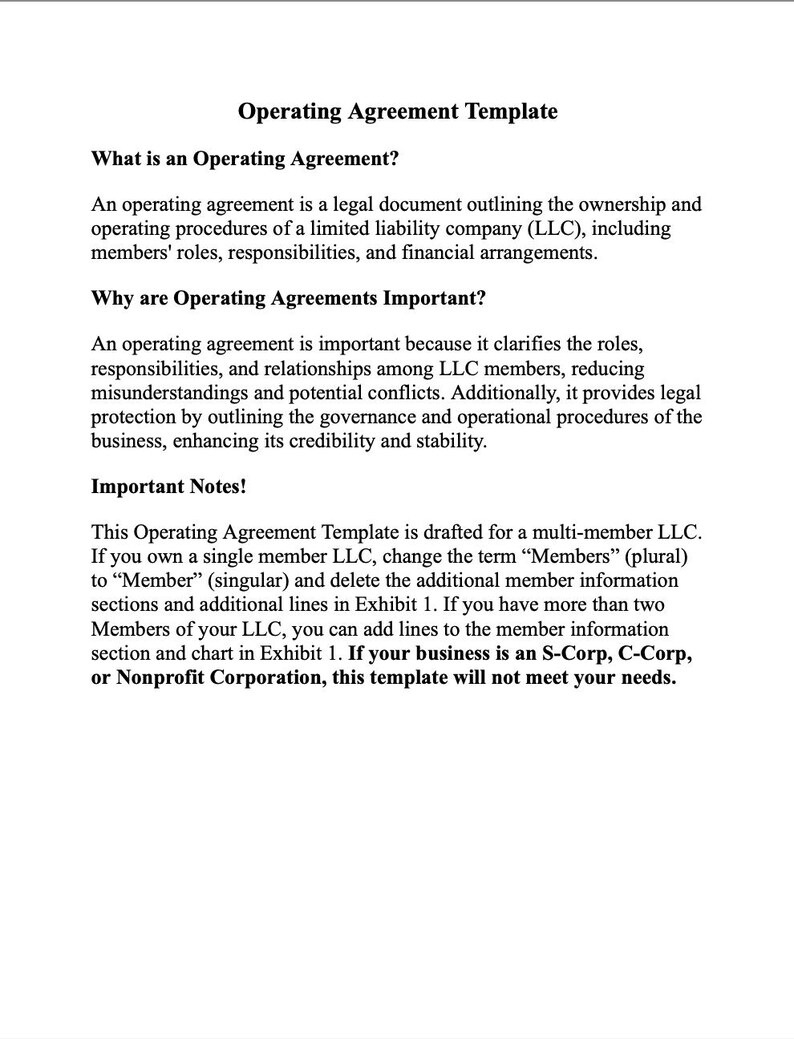Operating Agreement Template (english) - Etsy