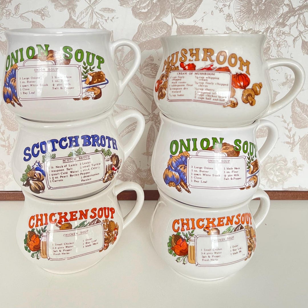 Vintage Assorted Soup Recipe Mug Cups Ceramic Stoneware, Mushroom Soup ...