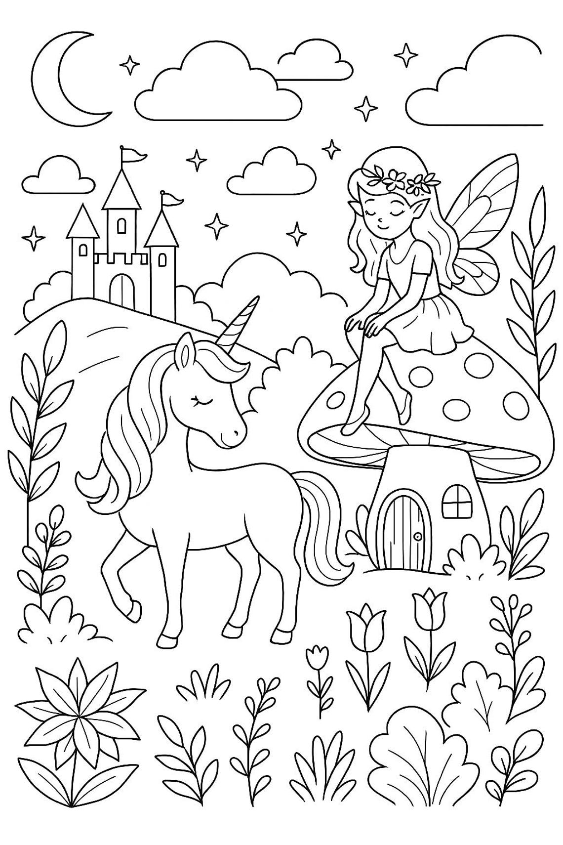 Fairy Fantasy Unicorn Castle Coloring Book Page for Children and Girls ...