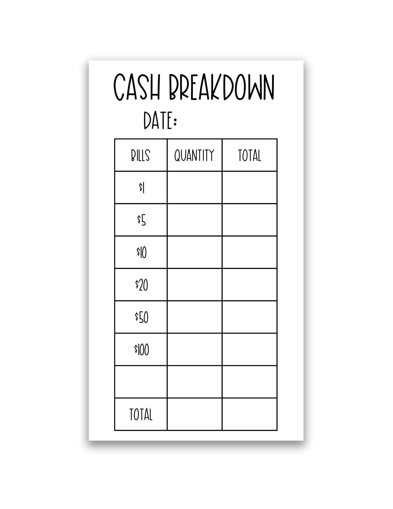Cash Breakdown Printable for Bank | Minimalist Budget Sheet | Cash ...