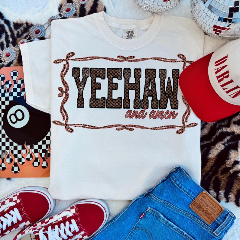 Yeehaw and Amen PNG, Trendy Checkered Western PNG, Rodeo Shirt Design ...