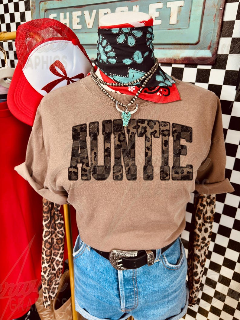 Trendy Retro Western Auntie PNG Design Leopard Checkered Distressed ...