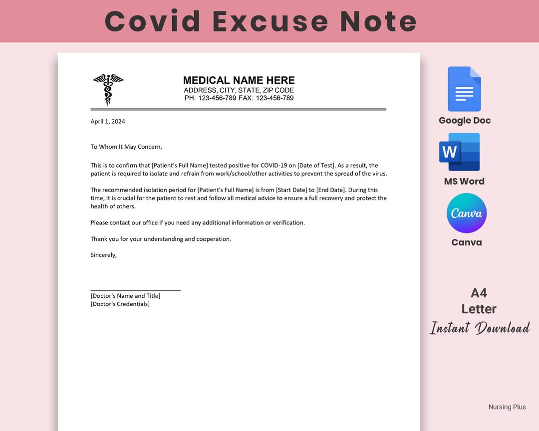 Editable Covid Excuse Note for Work, Doctor Excuse Note, Drs Note ...