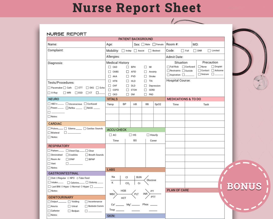 Printable ICU Nurse Report Sheet Template, Nursing Report, Med Surg ...