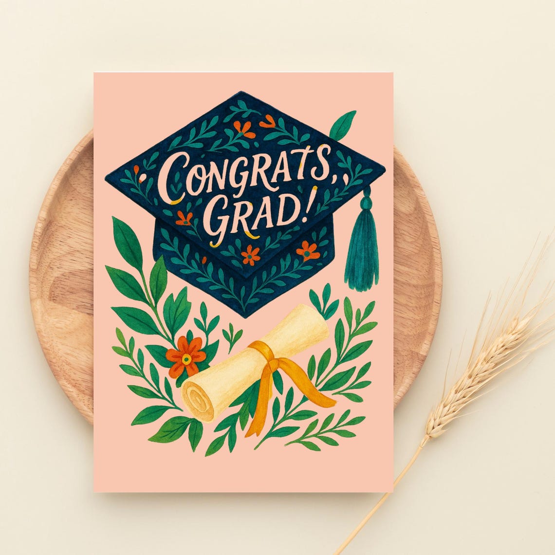 Printable Graduation Card, Floral Grad Cap Congratulations Card for ...