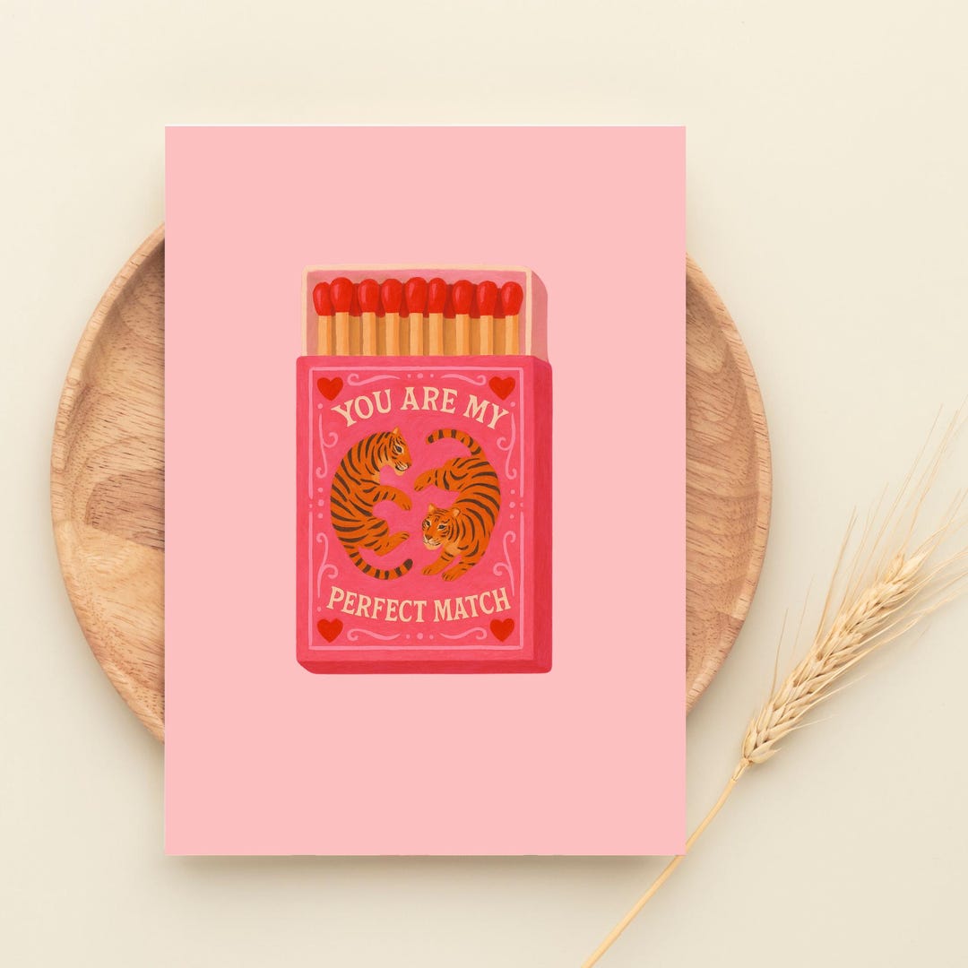 Love Card Printable, Perfect Match Valentine Tigers Retro Matchbox ...
