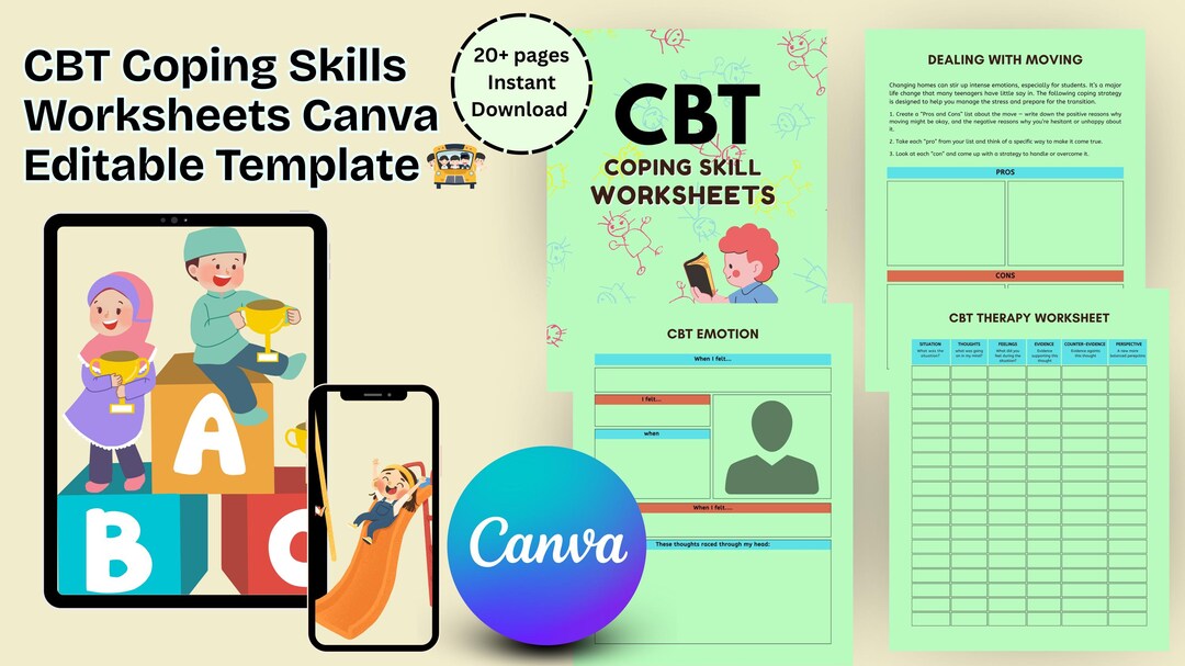CBT Coping Skills Worksheets Canva Editable Template | Self-regulation ...