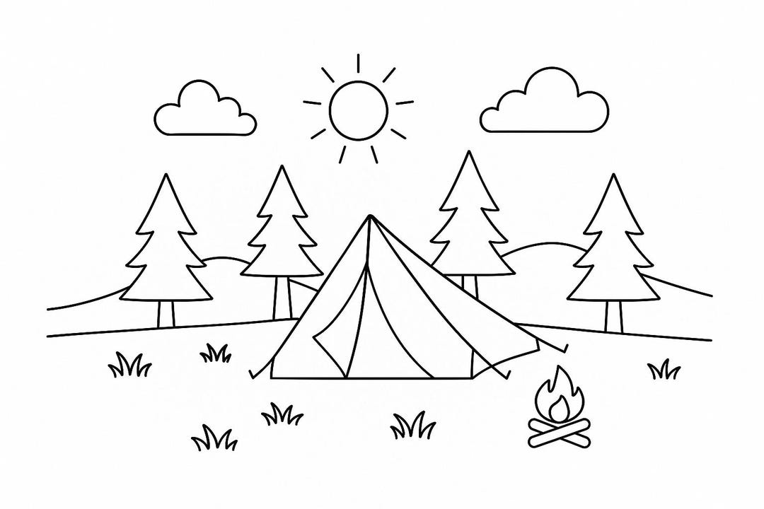 Nature Coloring Pages for Kids | Beach Camping Mountain Scenery ...