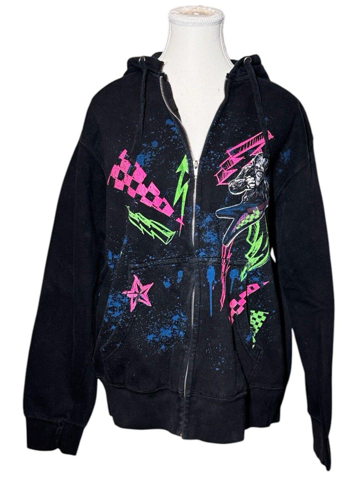 Vintage 2000 Y2K Top Heavy Neon Black Full Zip Hoodie Large Luxury Rare ...