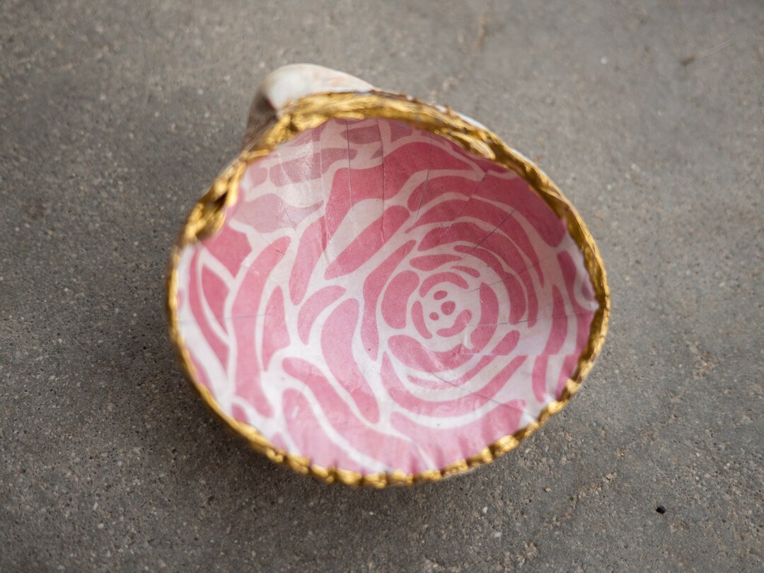 Small Shell Ring Dish Decoupaged Shell Pink Roses and Gold Cockle Clam ...