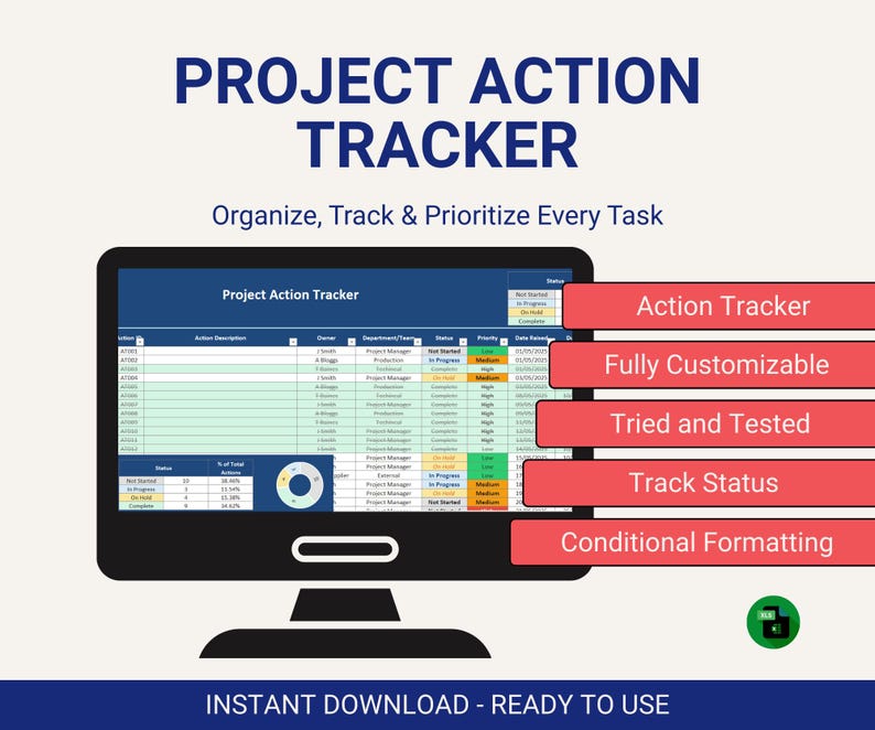 Project Action Tracker | Excel Spreadsheet to Manage Tasks, Deadlines ...