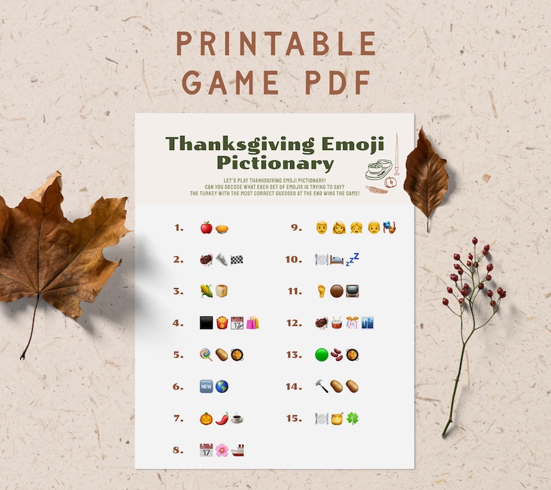 Thanksgiving Emoji Pictionary Guessing Game, Activity for Adults + Kids ...
