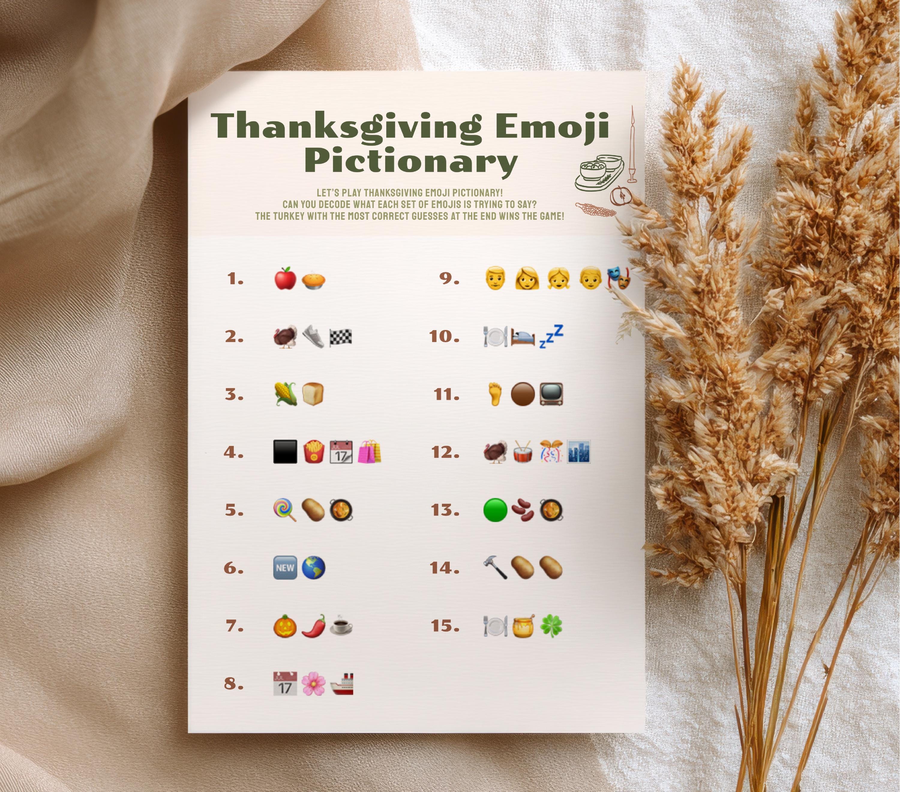 Thanksgiving Emoji Pictionary Guessing Game, Activity for Adults + Kids ...