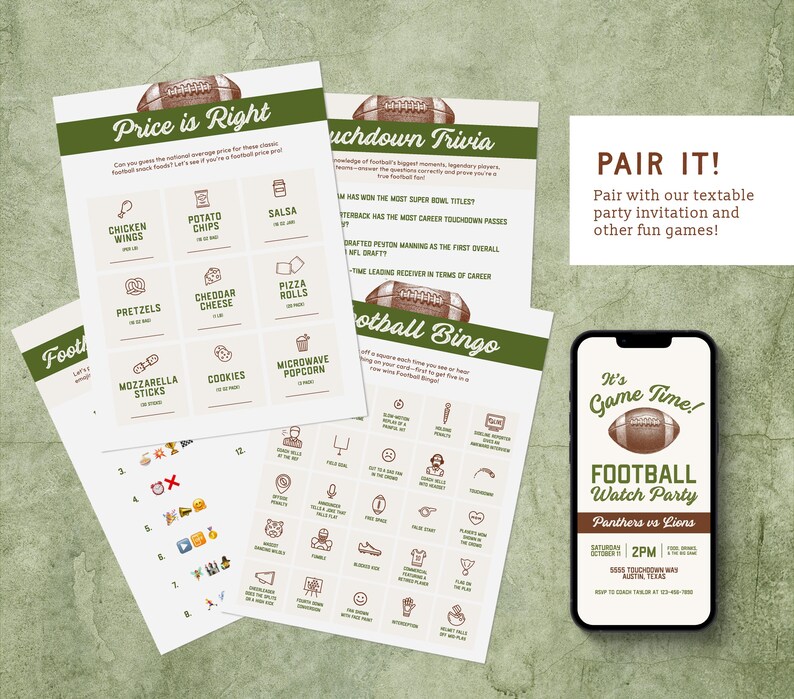 Football Themed Printable Party Games Bundle, Instant Digital Download ...