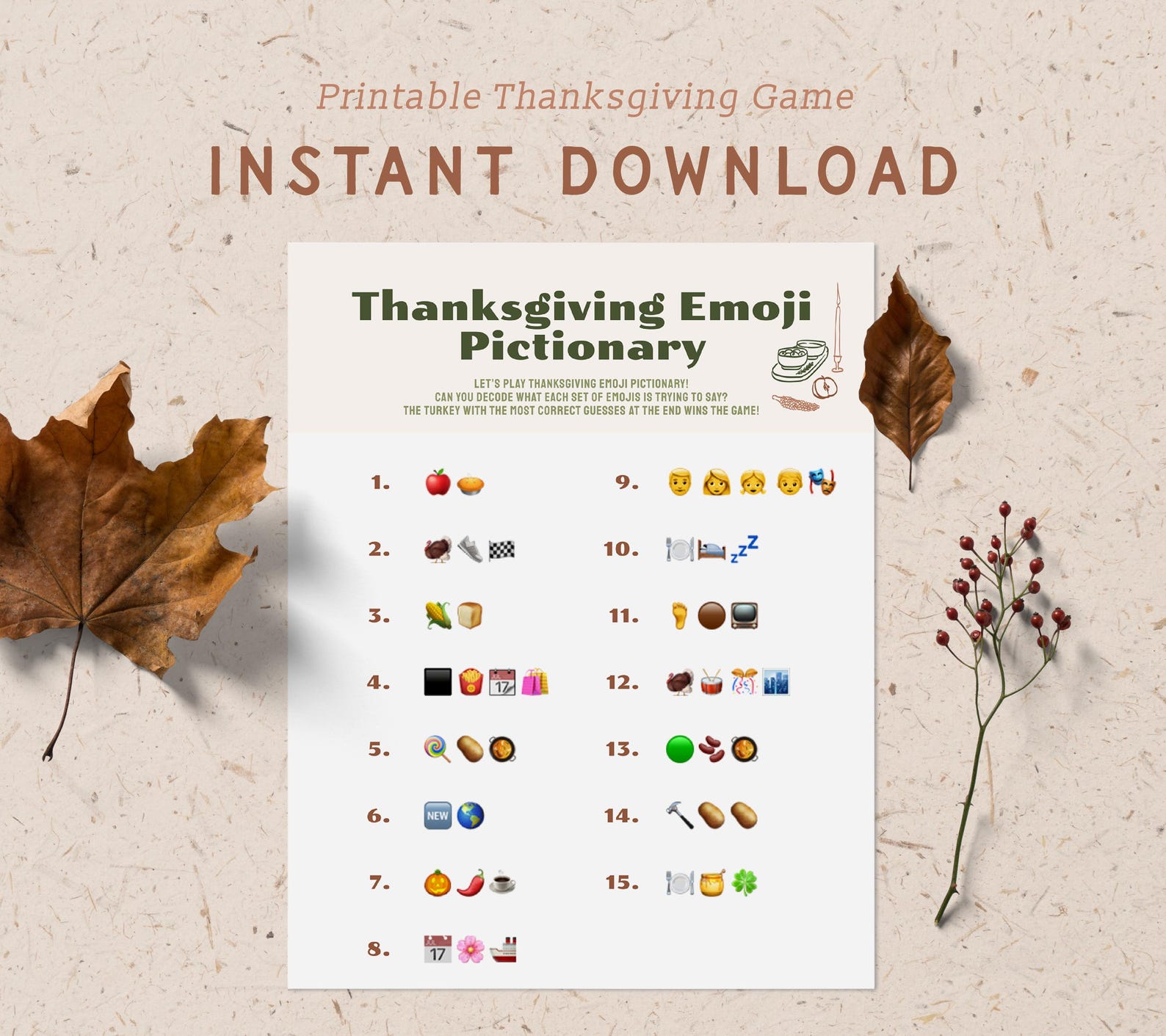 Thanksgiving Emoji Pictionary Guessing Game, Activity for Adults + Kids ...