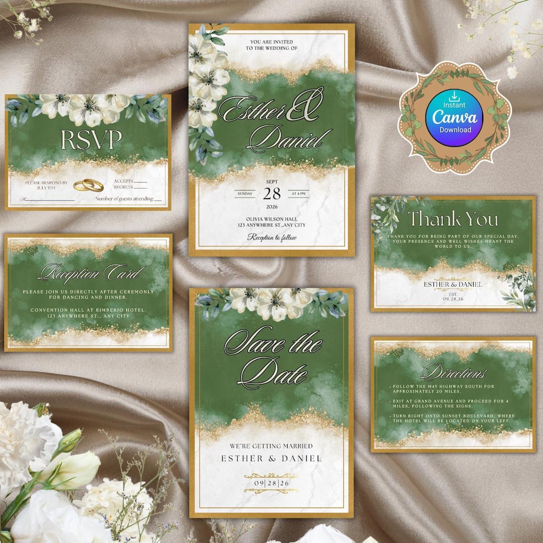 Digital Wedding Invitation Bundle, Light Green Wedding Invitation ...
