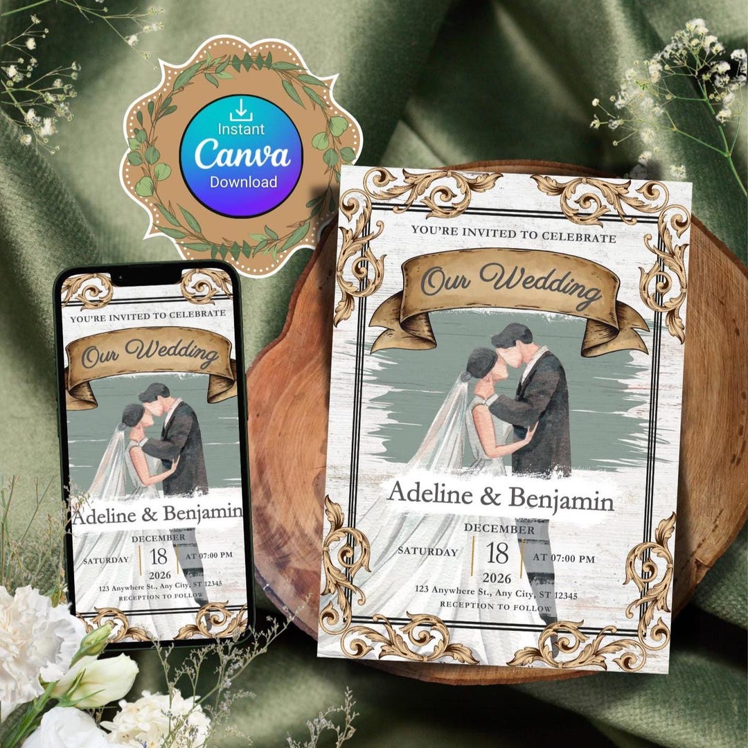 Digital Wedding Invitation, Green Wedding Invitation, Digital Wedding ...